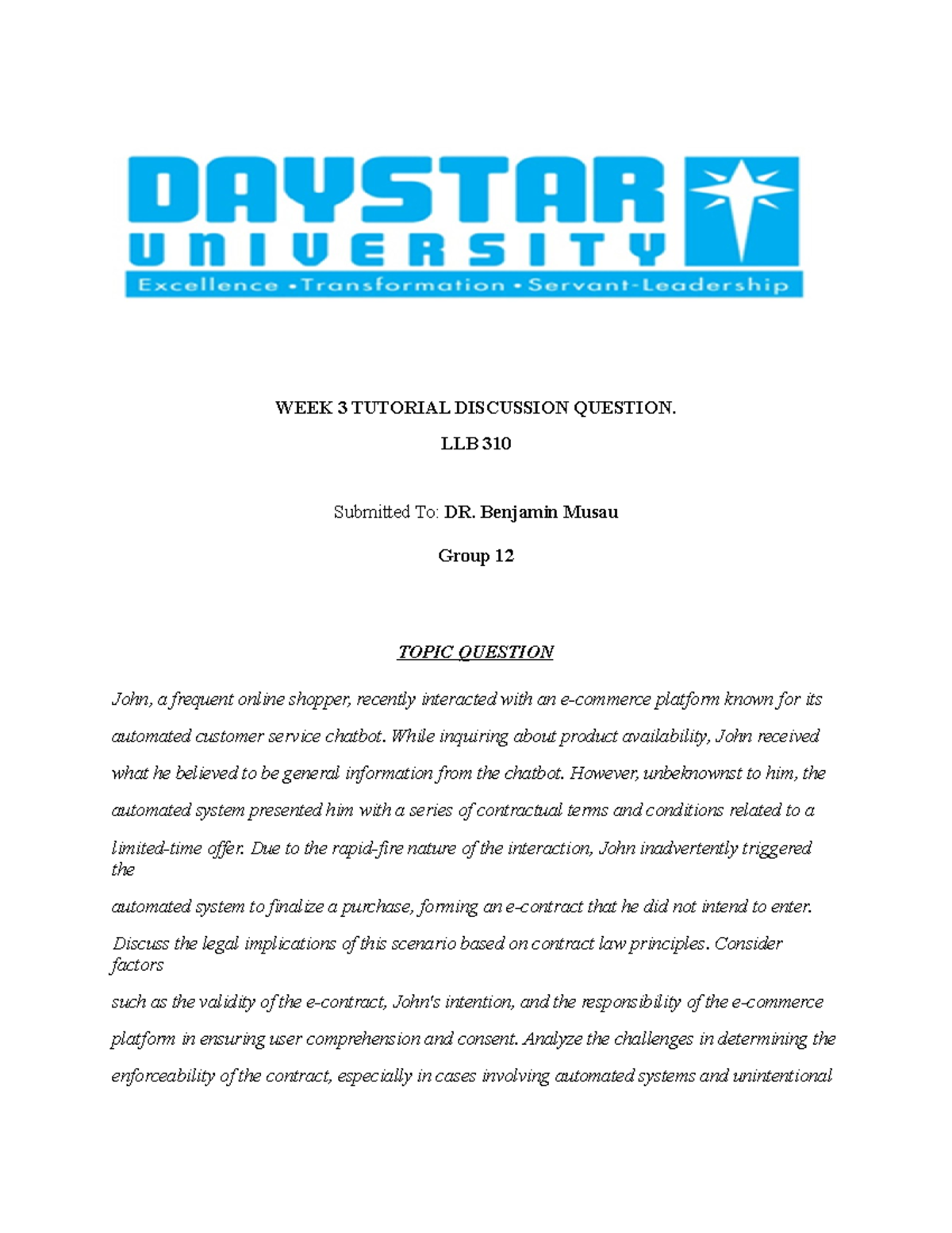 WEEK 3 Tutorial Discussion Question Ecommerce - WEEK 3 TUTORIAL DISCUSSION QUESTION. LLB 310 ...