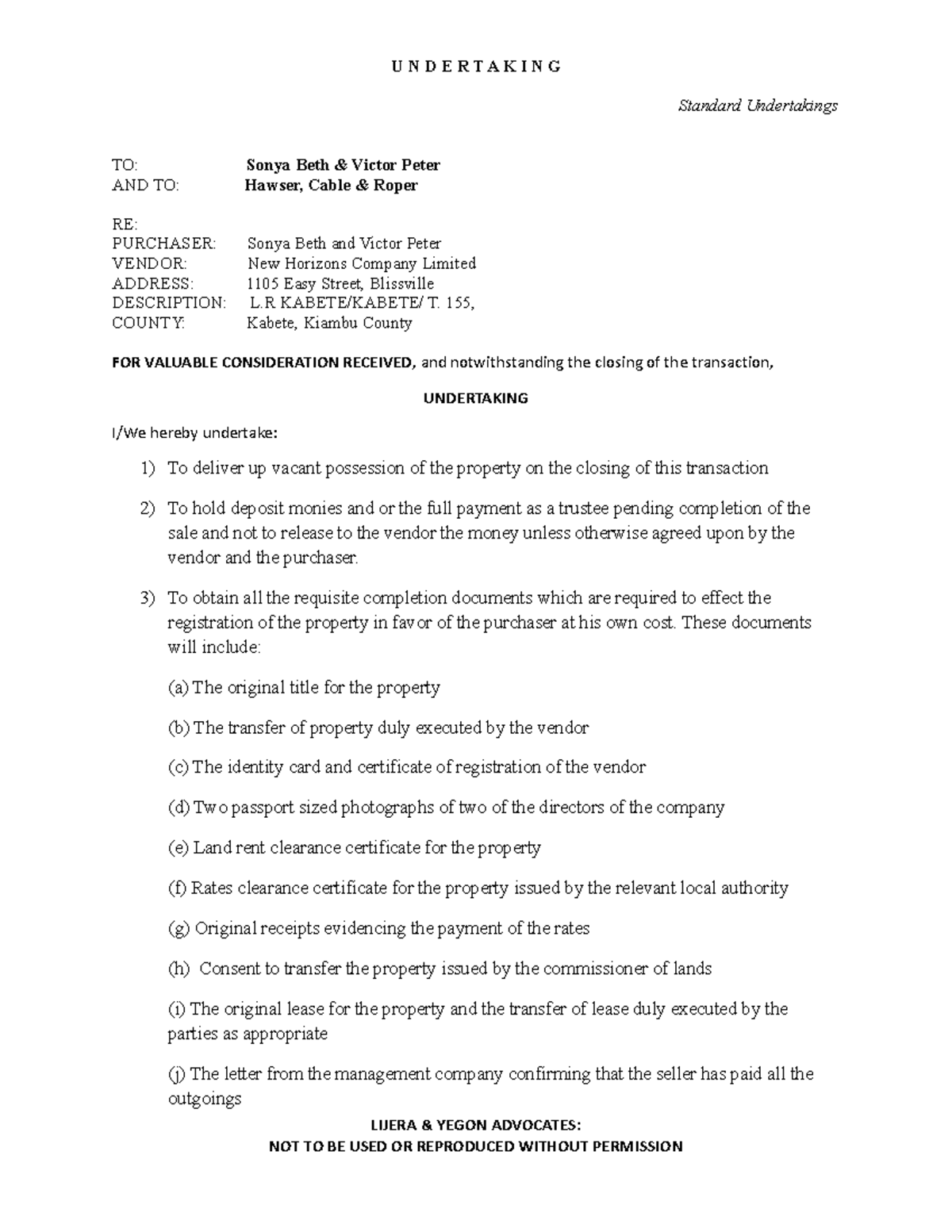 Professional Undertaking - U N D E R T A K I N G Standard Undertakings ...