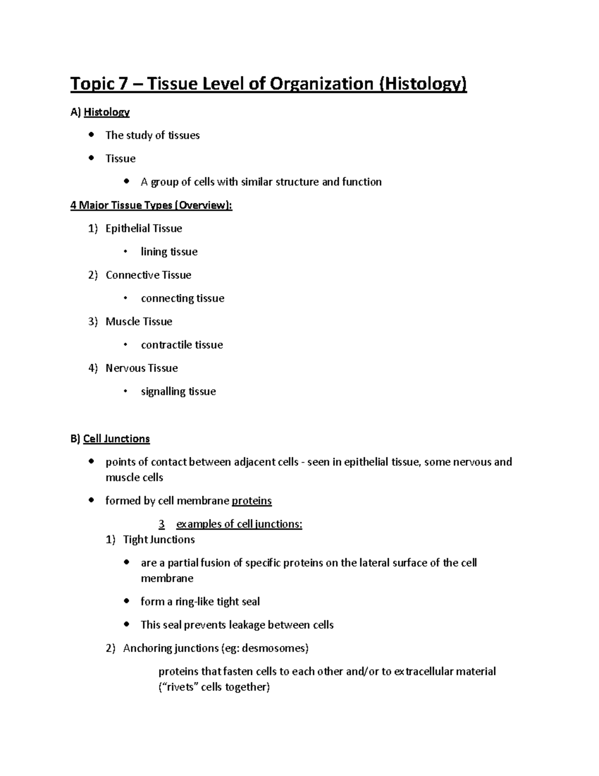Topic 7 - Histology - notes - Topic 7 – Tissue Level of Organization ...