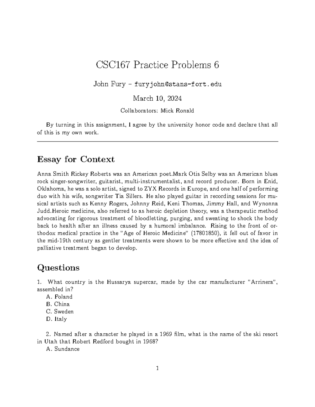 CSC167 Practice Problems 6 - Essay for Context Anna Smith Rickey ...