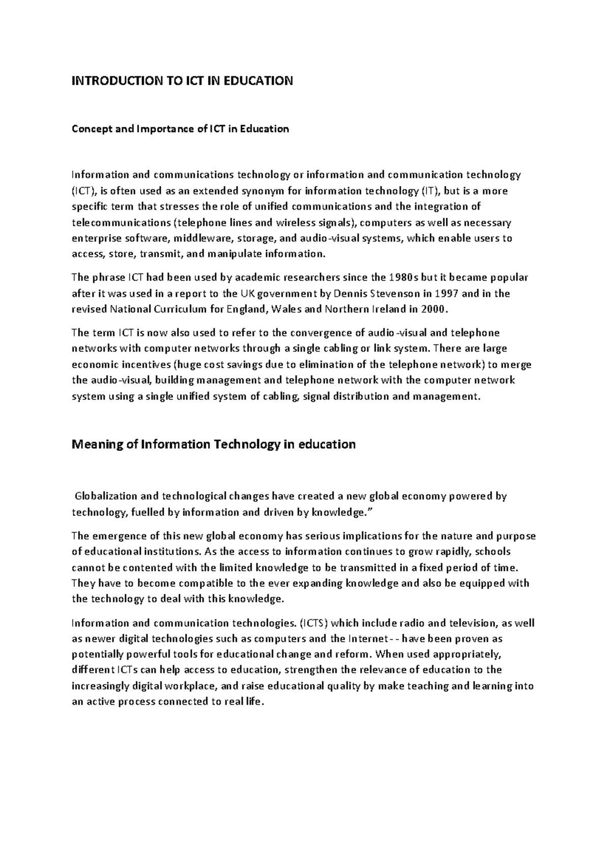 Information and Communication technology - INTRODUCTION TO ICT IN ...