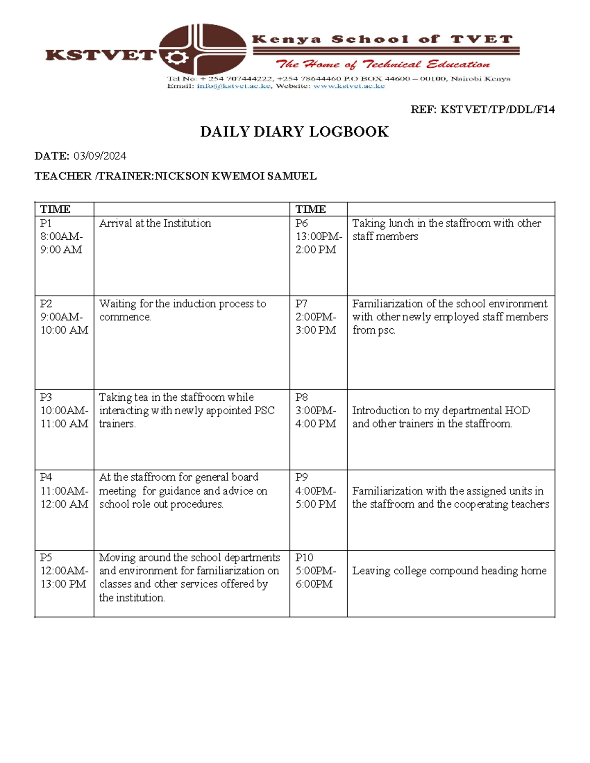 Daily Diary 2023CS153722 - DAILY DIARY LOGBOOK DATE: 03/09/ TEACHER ...