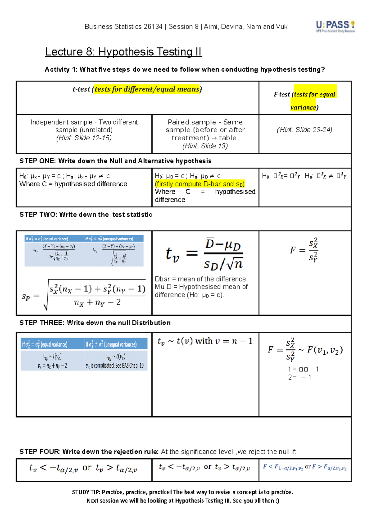 Upass 8 Hypothesis Testing II - Lecture 8: Hypothesis Testing II ...