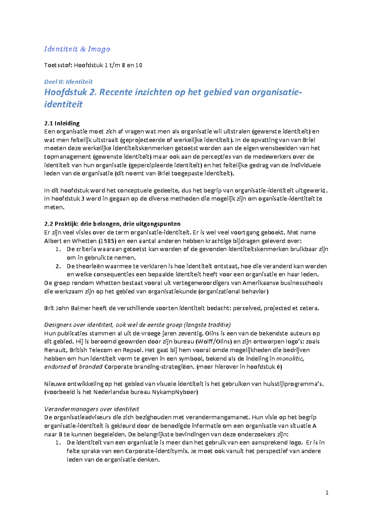 Samenvatting Identiteit en Imago - Identiteit & Imago Toetsstof ...