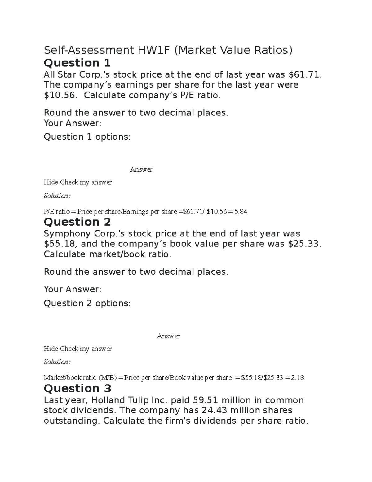 Self-Assessment HW1F Market Value Ratios - Self-Assessment HW1F (Market ...