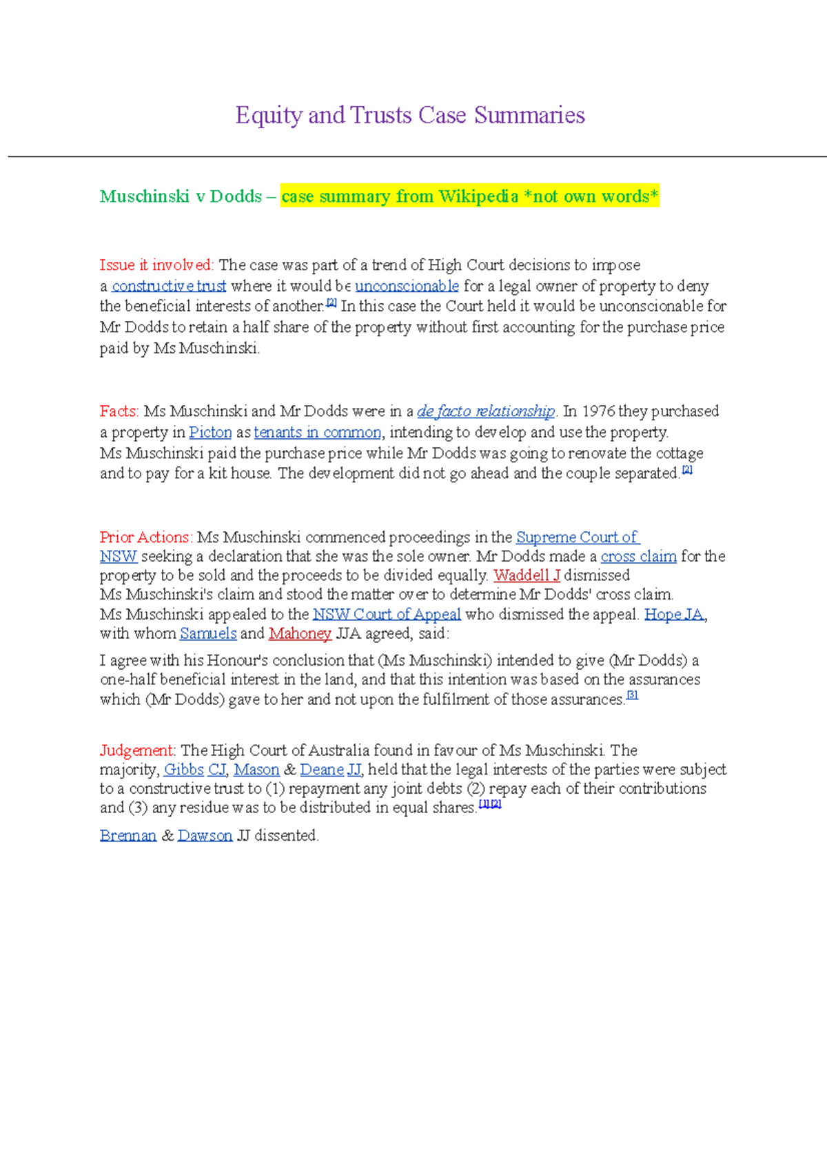 Equity and Trusts Case Summaries - Equity and Trusts Case Summaries ...