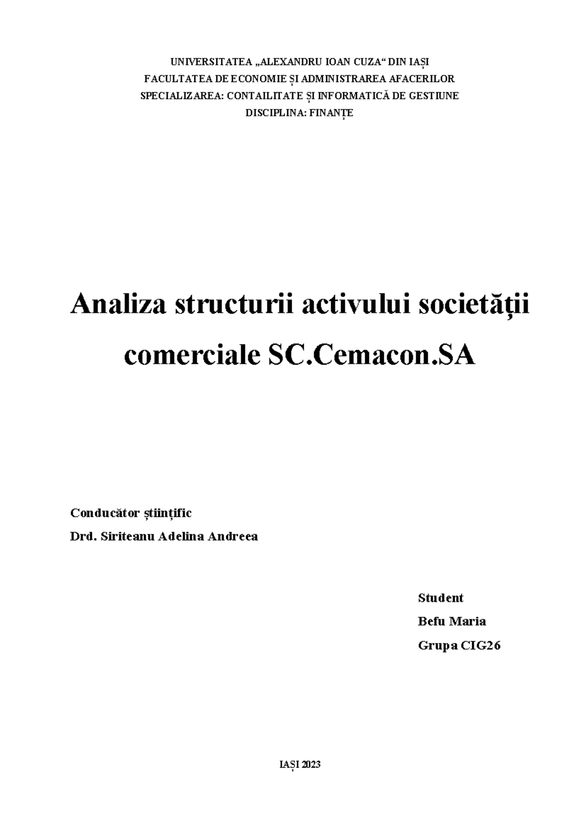 Proiect finante - UNIVERSITATEA „ALEXANDRU IOAN CUZA“ DIN IA IȘ ...