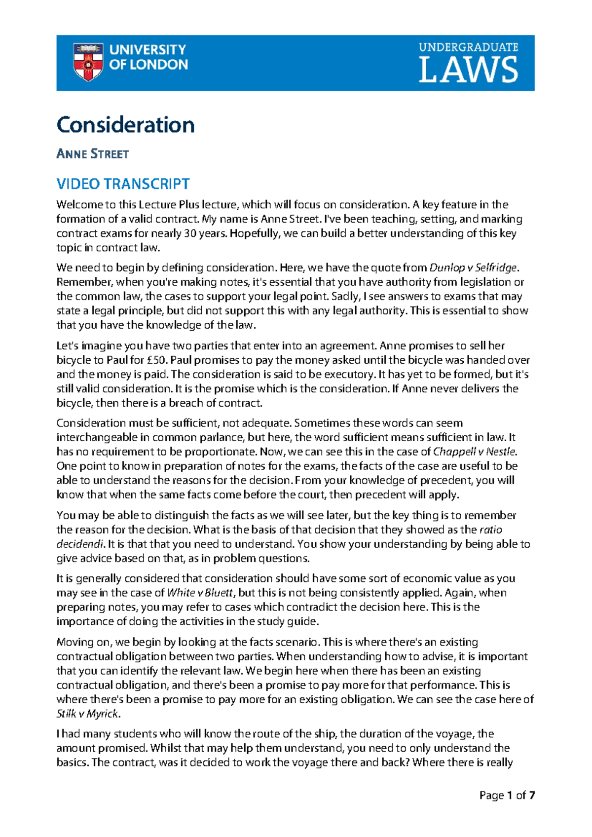 Lecture Plus-Contract Oct 21-transcript - Consideration VIDEO TRANSCRIPT Welcome to this Lecture ...