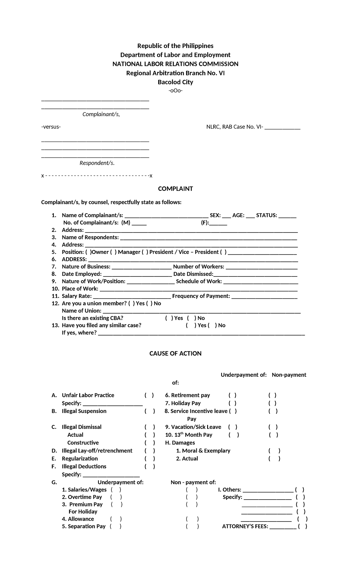 365741328 Labor Complaint Form Revised - Republic of the Philippines ...