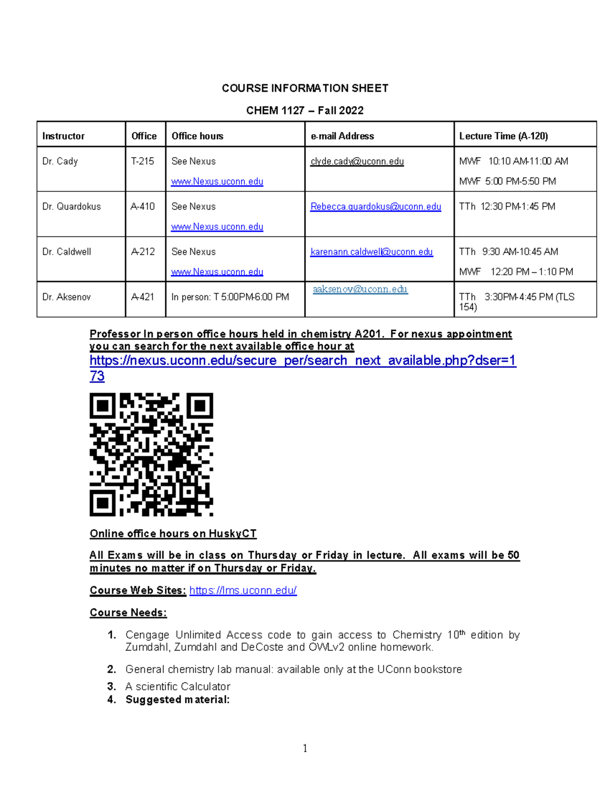 Chem 1127 syllabus (f22) final - COURSE INFORMATION SHEET CHEM 1127 – Fall 2022 Instructor ...