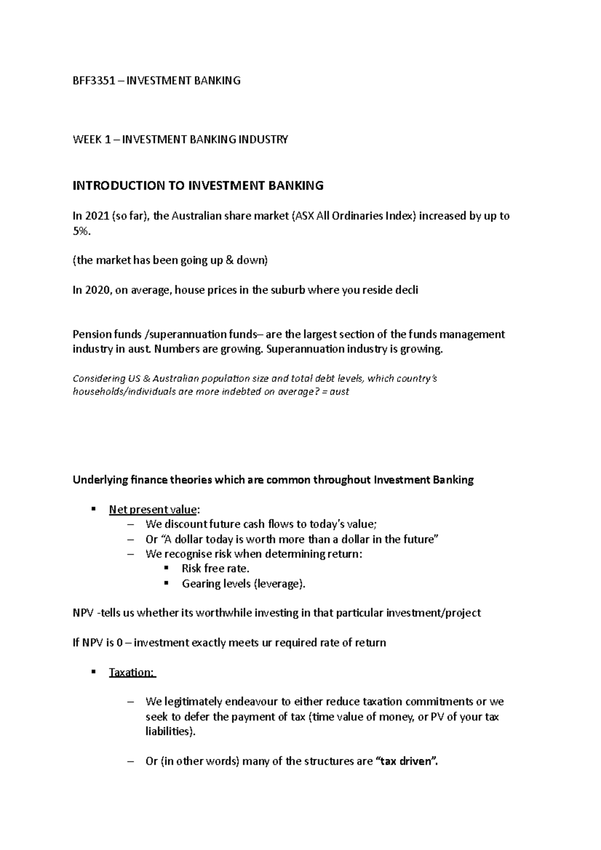 WK1 - notes, lecture - BFF3351 – INVESTMENT BANKING WEEK 1 – INVESTMENT ...