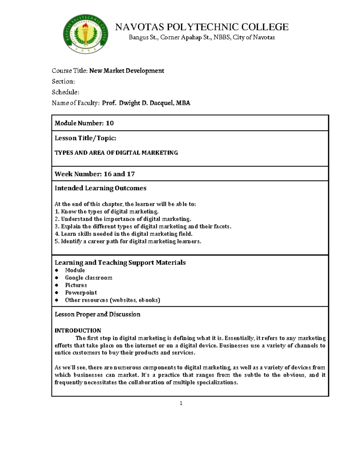 New Market Development Module 10 - NAVOTAS POLYTECHNIC COLLEGE Bangus St., Corner Apahap St ...