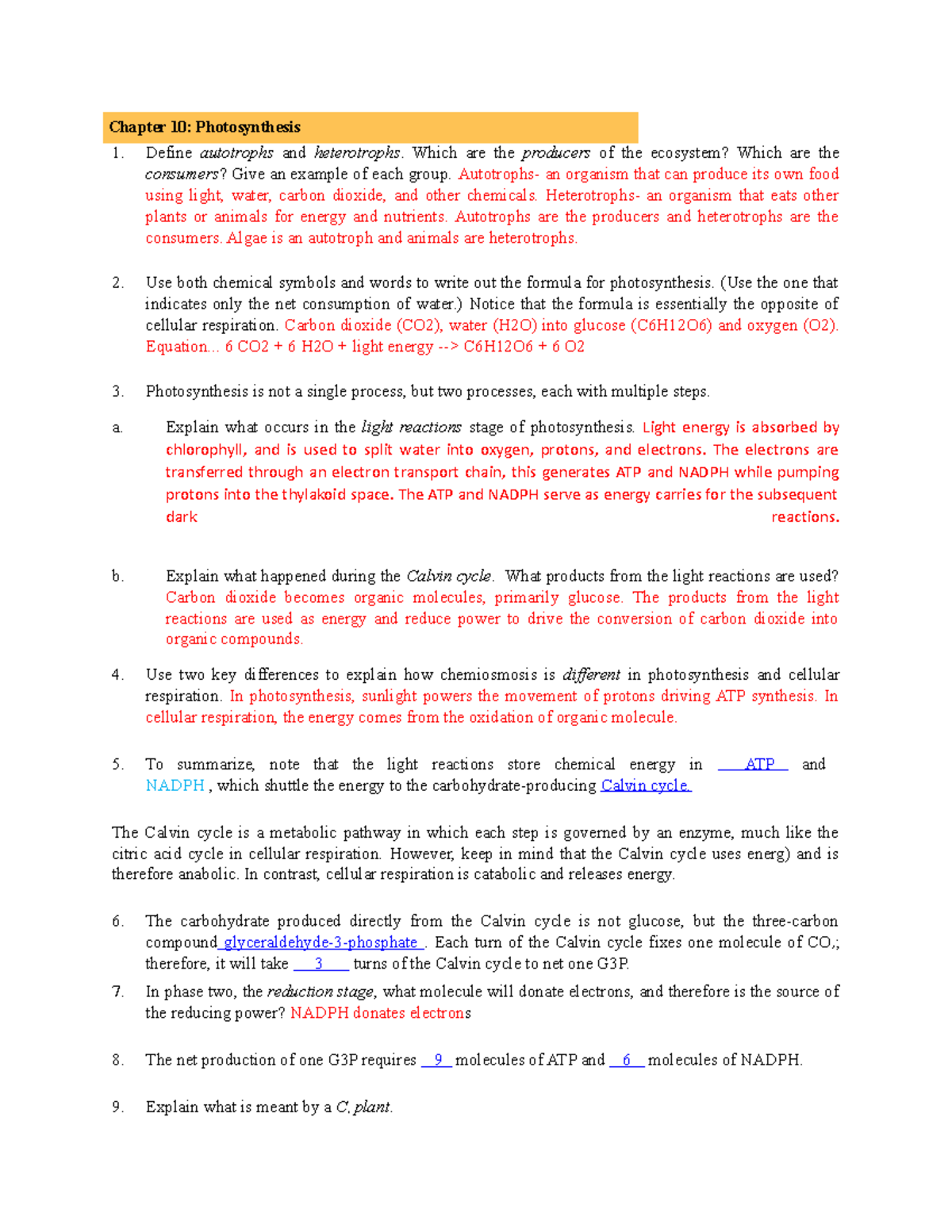 BIO Chapter 10 - Chapter 10: Photosynthesis 1. Define autotrophs and ...