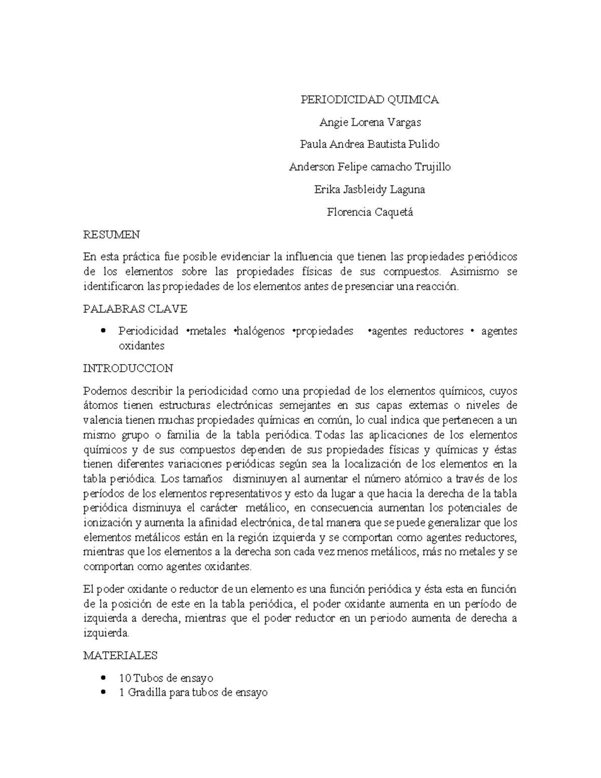Informe Periocidad Quimica - PERIODICIDAD QUIMICA Angie Lorena Vargas ...