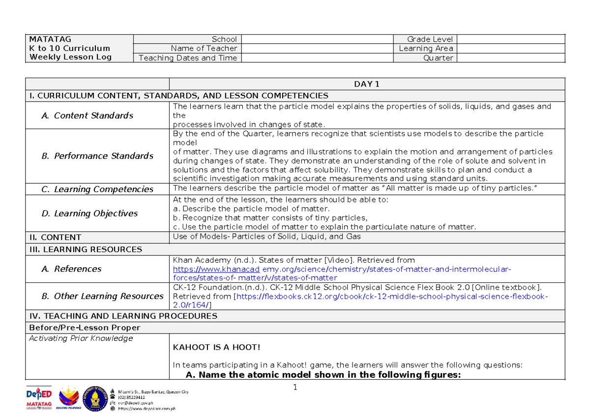 Lesson Exemplar UNO DAY 3 - MATATAG K to 10 Curriculum Weekly Lesson ...