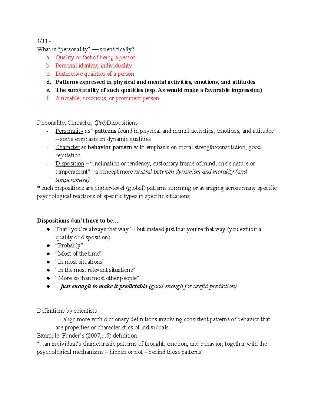 Psy 307 notes - modules 1-6 - 1/11~ What is “personality ...