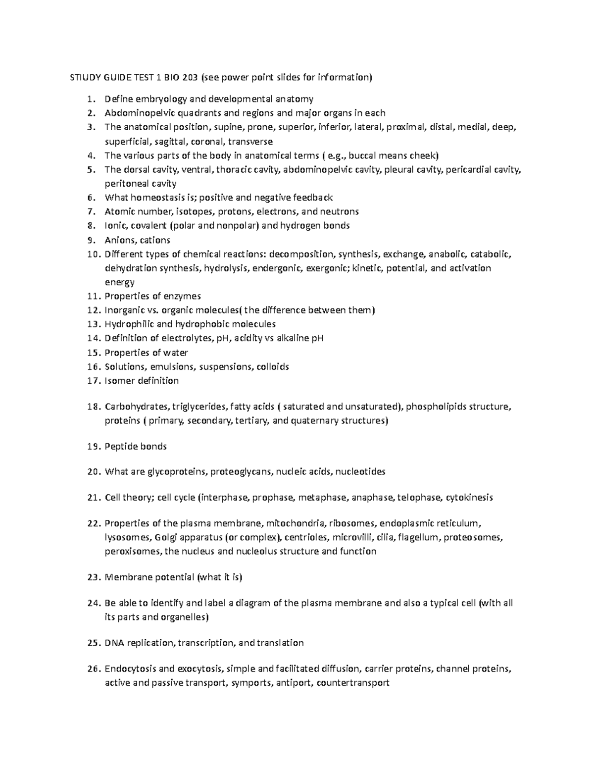 Study Guide test 1 bio 203 fall 2023 - STIUDY GUIDE TEST 1 BIO 203 (see ...