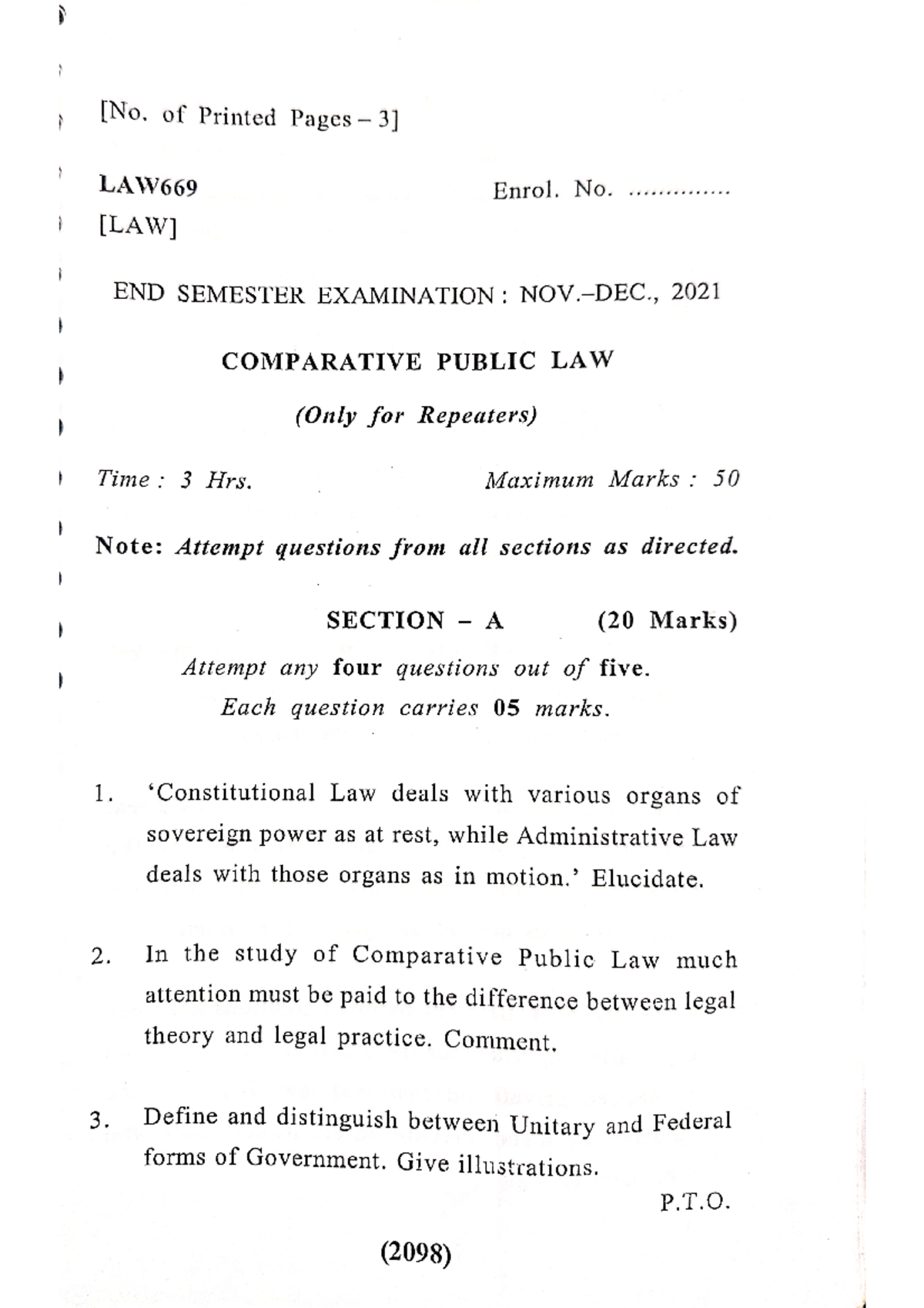 Comparative public law 2021 - of Printed Pages LAW669 Enrol. No. END SEMESTER EXAMINATION: 2021 ...