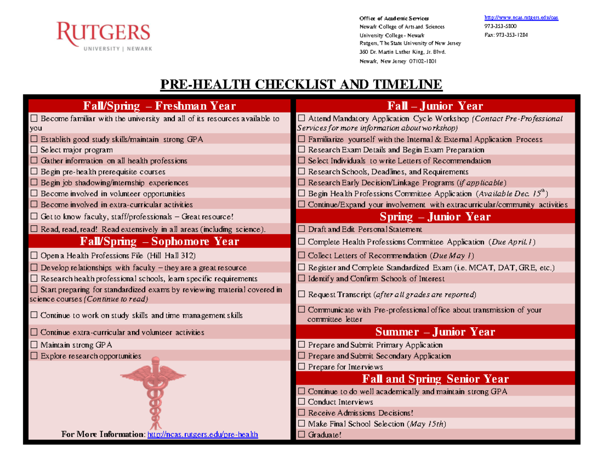 Pre Health Checklist and Timeline - Office of Academic Services Newark ...