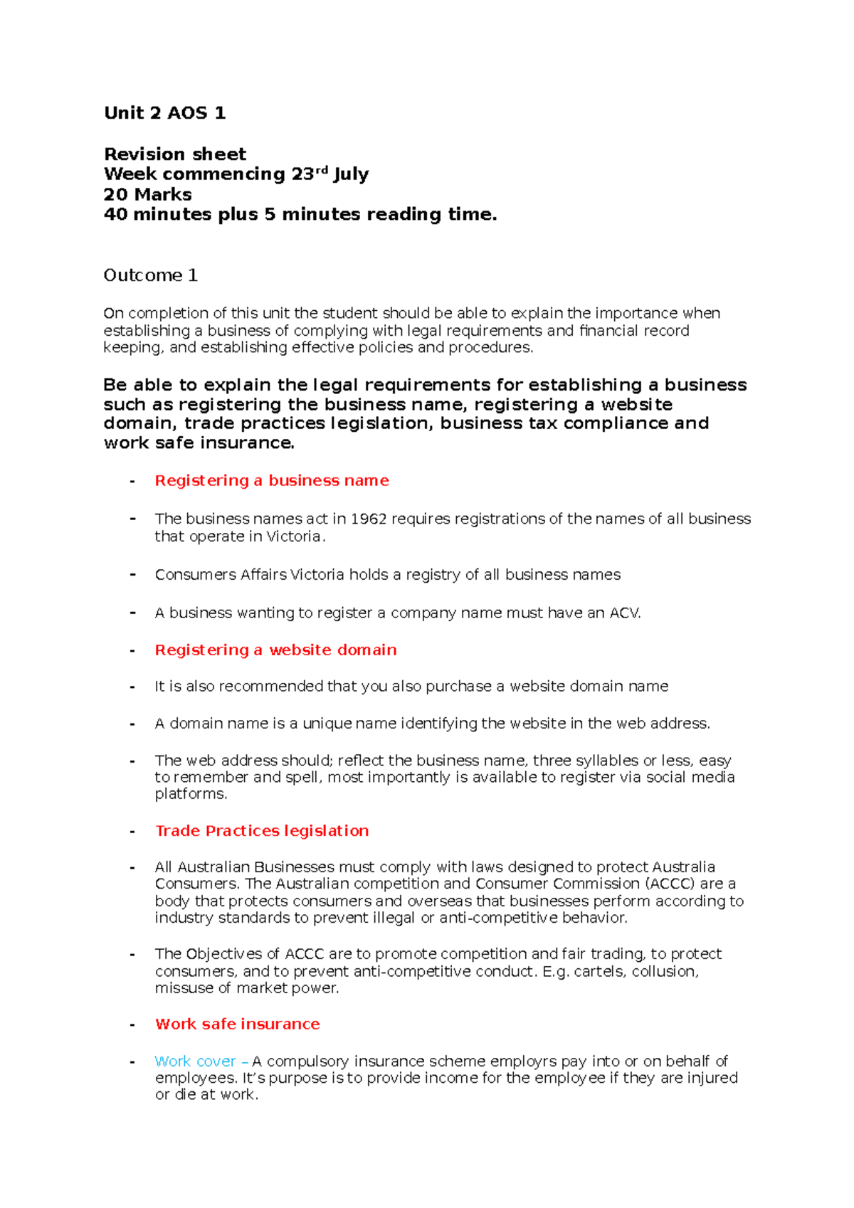 Unit 2 AOS 1 Revision Sheet - Unit 2 AOS 1 Revision sheet Week ...