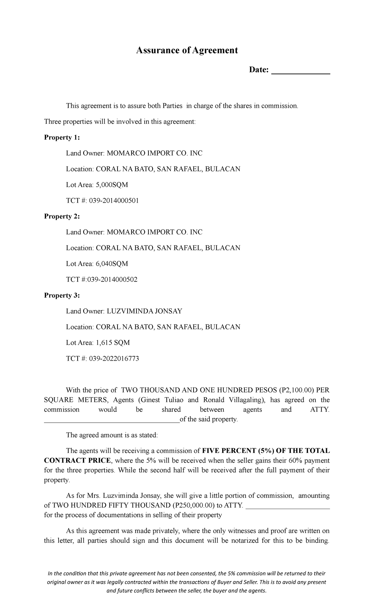 Assurance of Agreement kuya ronald - Assurance of Agreement Date ...