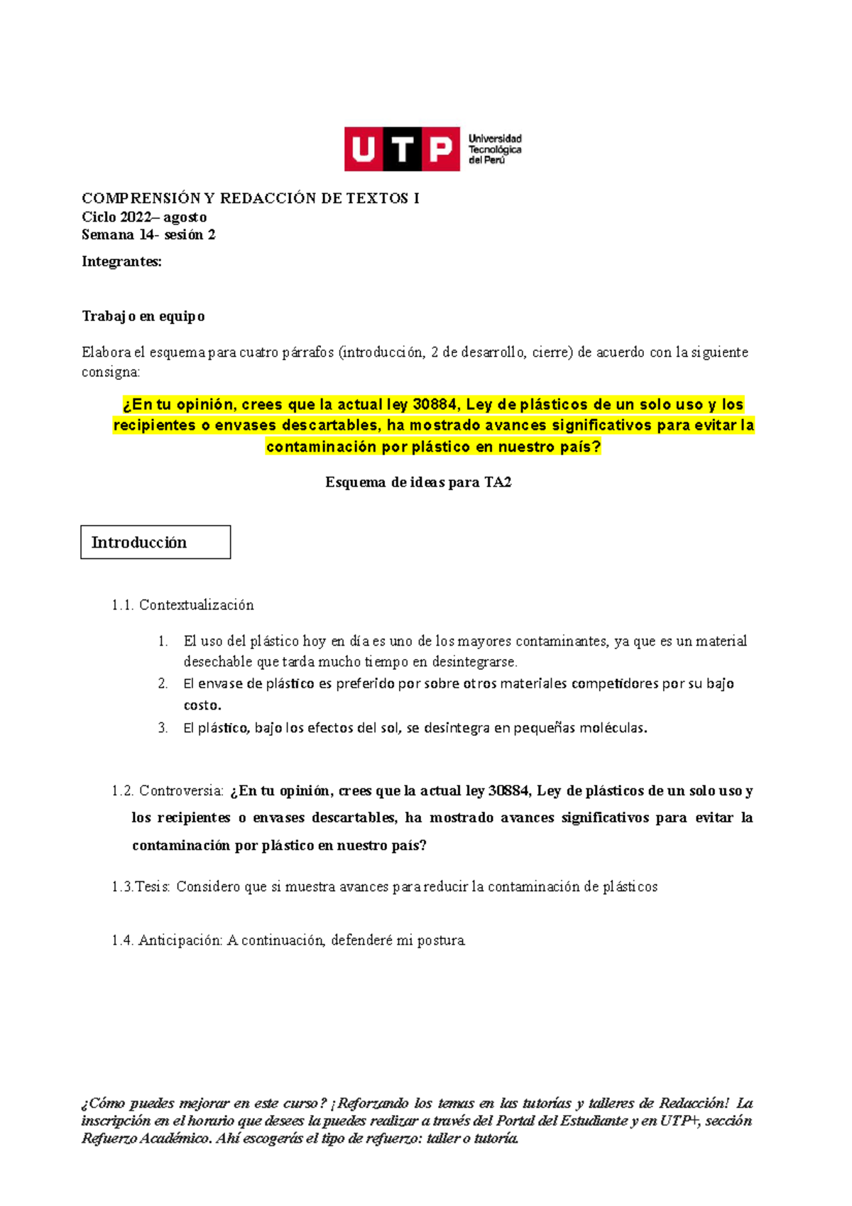 S14.s2-Esquema para PC2 (material) 2022 agosto - COMPRENSIÓN Y REDACCIÓN DE TEXTOS I Ciclo 2022 ...