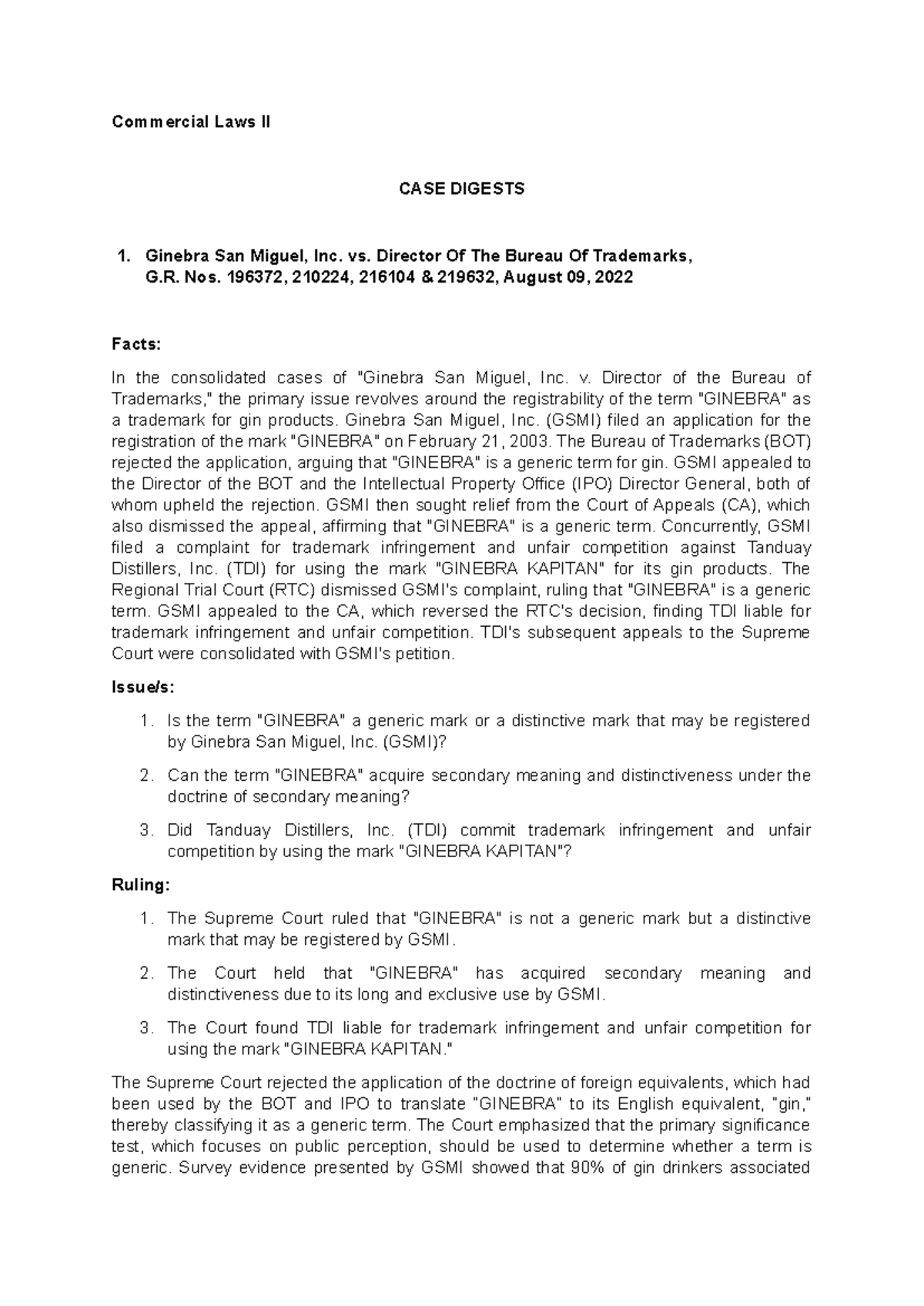 Case Digest in Commercial Law II - Commercial Laws II CASE DIGESTS ...