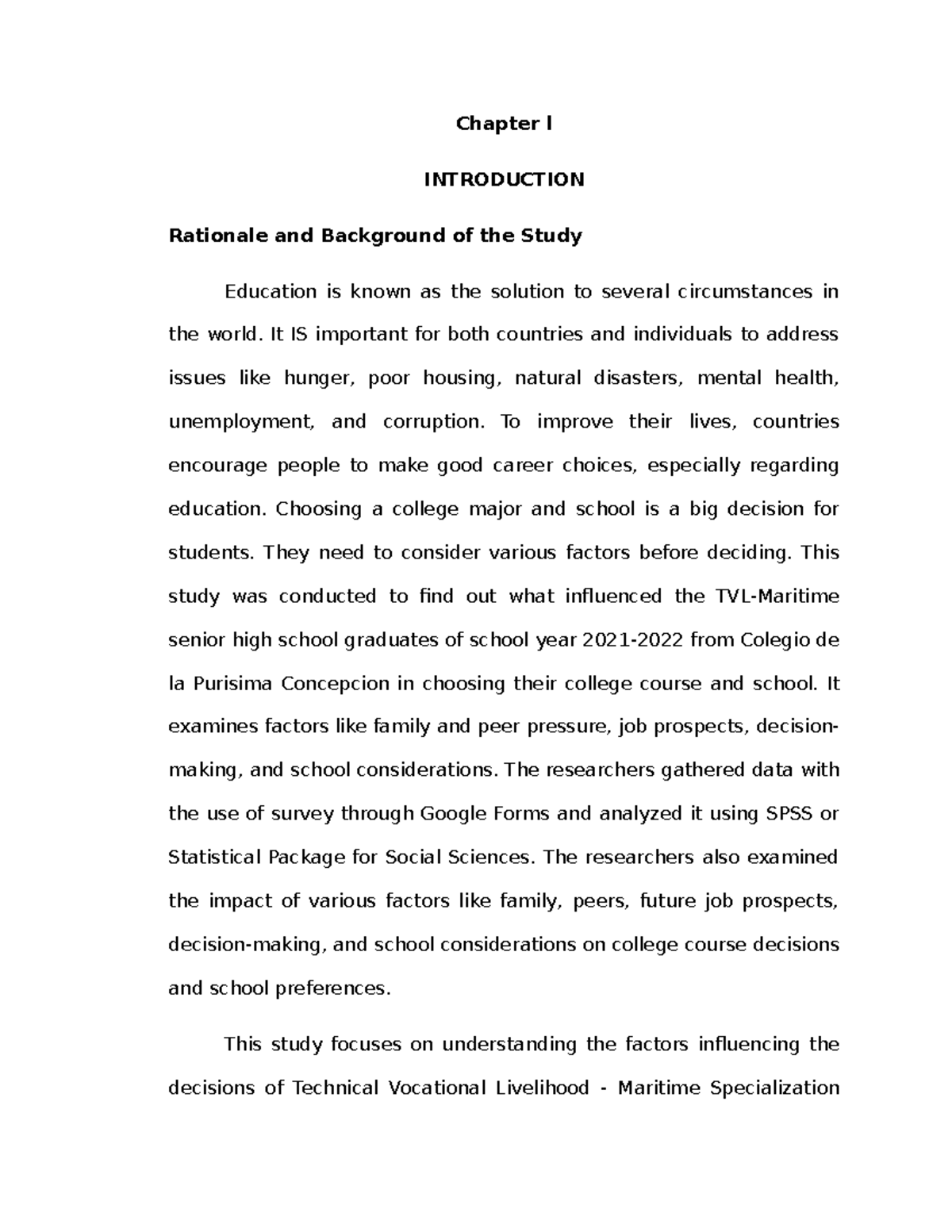 Chapter 1-5 - Sample Research - Chapter l INTRODUCTION Rationale and ...