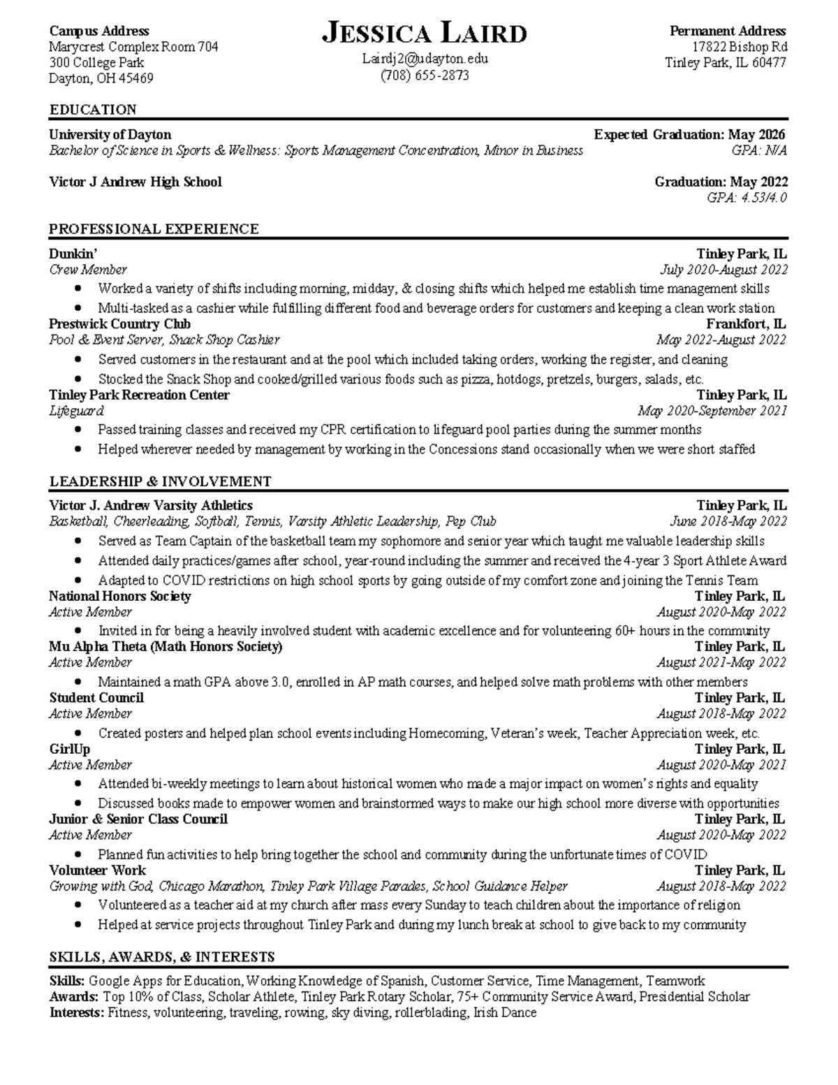 Jessica Laird FA 22 Resume - Campus Address Permanent Address Marycrest ...