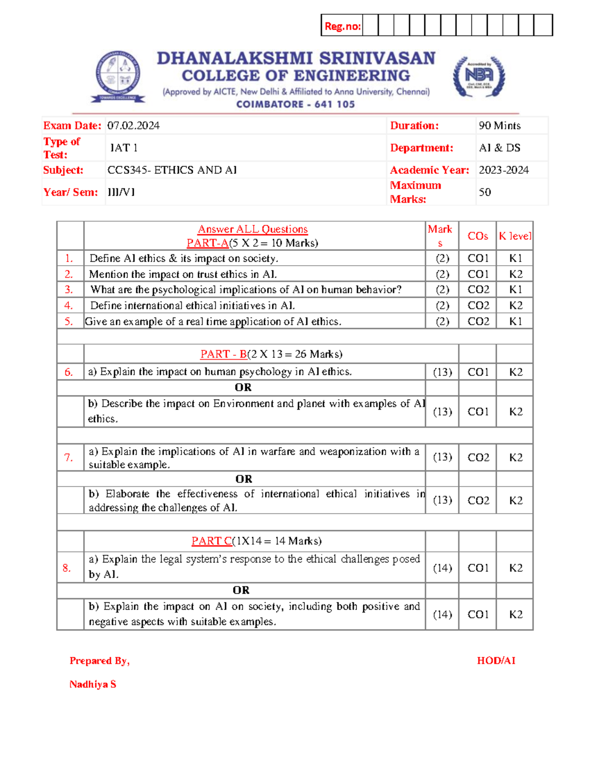 IAT 1 EAI QP1 - Reg: Exam Date: 07 .0 2 .202 4 Duration: 90 Mints Type ...