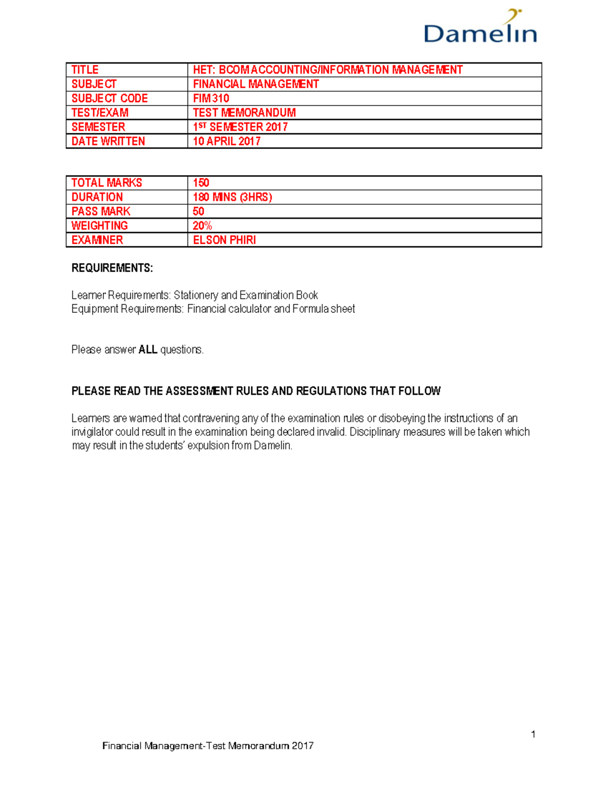 Financial Management Test Memo - BAD201 - Studocu