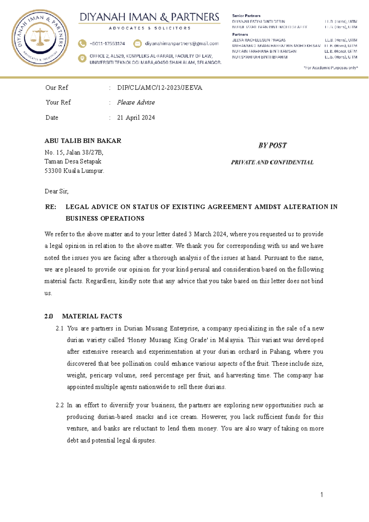 Letter OF Advice - SAMPLE - of advice Our Ref : DIP/CL/AMC/12-2023 ...