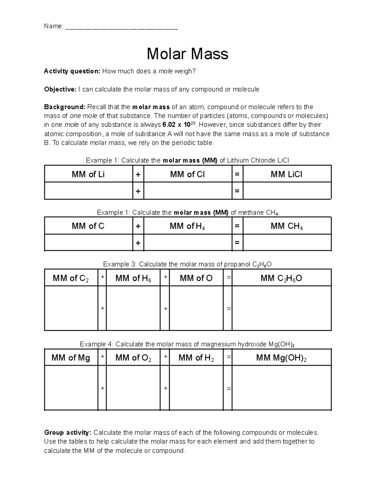 Chem Molar Mass - Name: ______________________________ Molar Mass ...