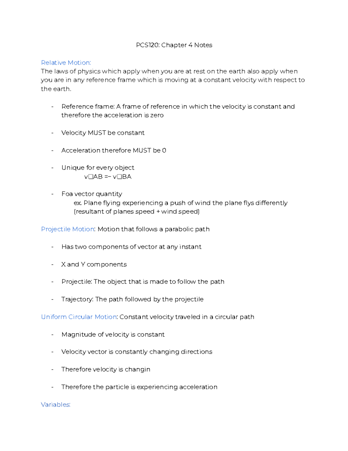 PCS120 Chapter 4 Notes - PCS120: Chapter 4 Notes Relative Motion: The ...