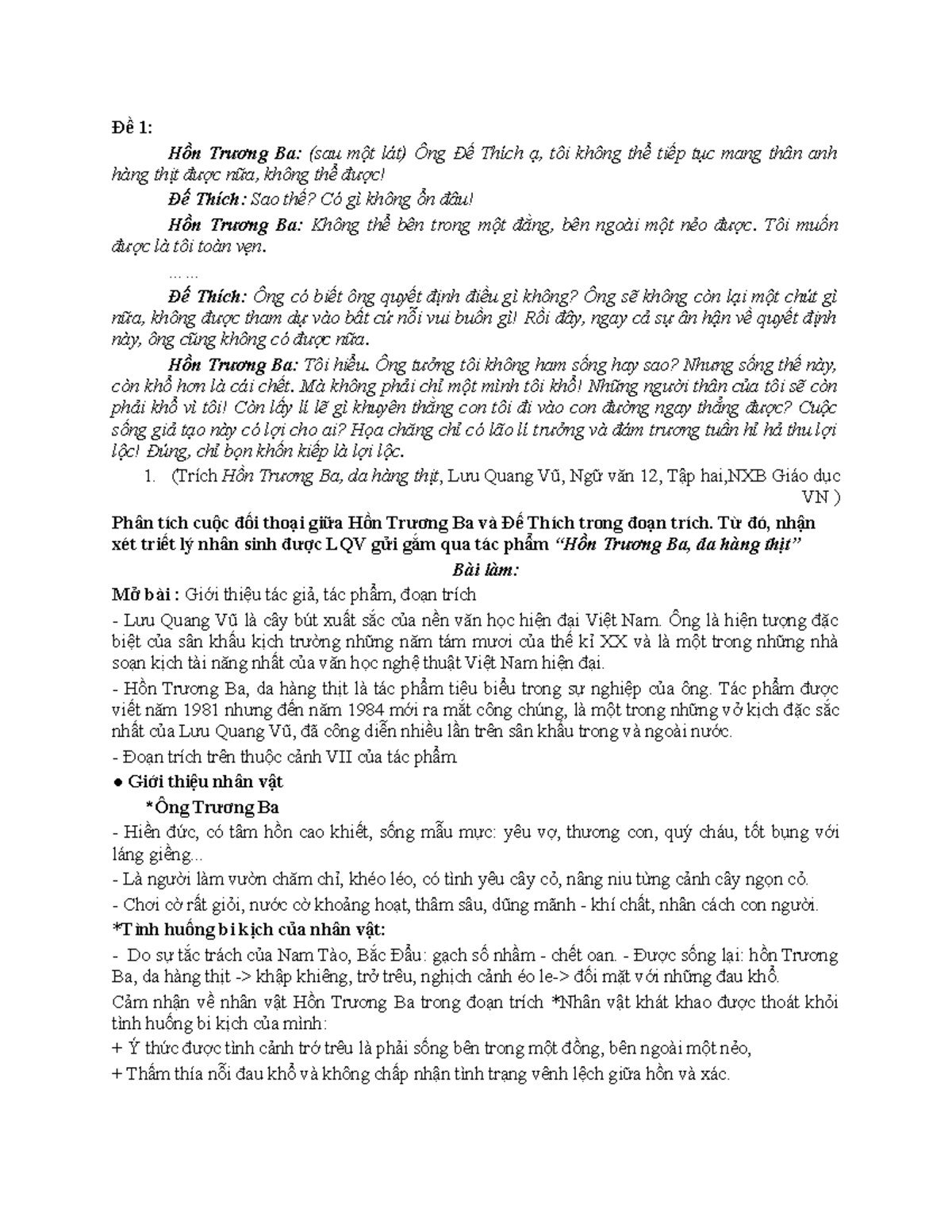 HTBA, DA HANG THỊT - abcxysksjs - Đề 1: Hồn Trương Ba: (sau một lát ...