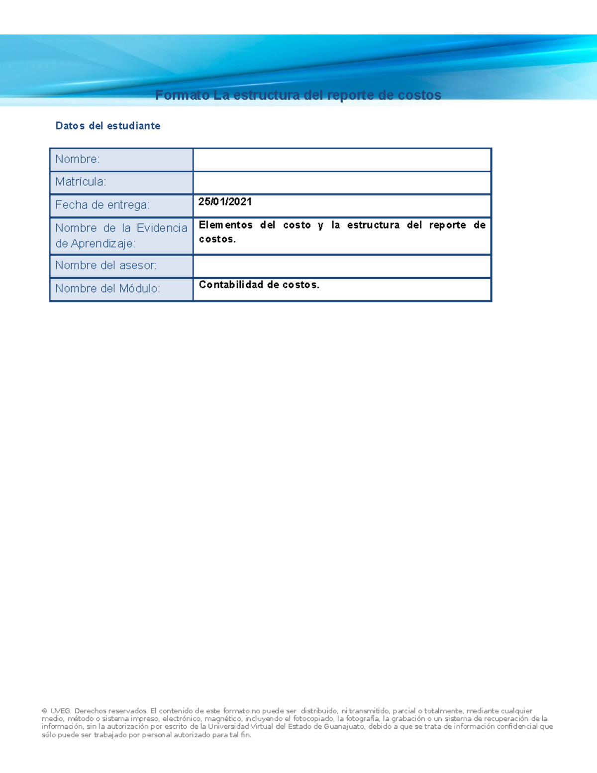 Reporte de costos - Formato La estructura del reporte de costos Datos ...