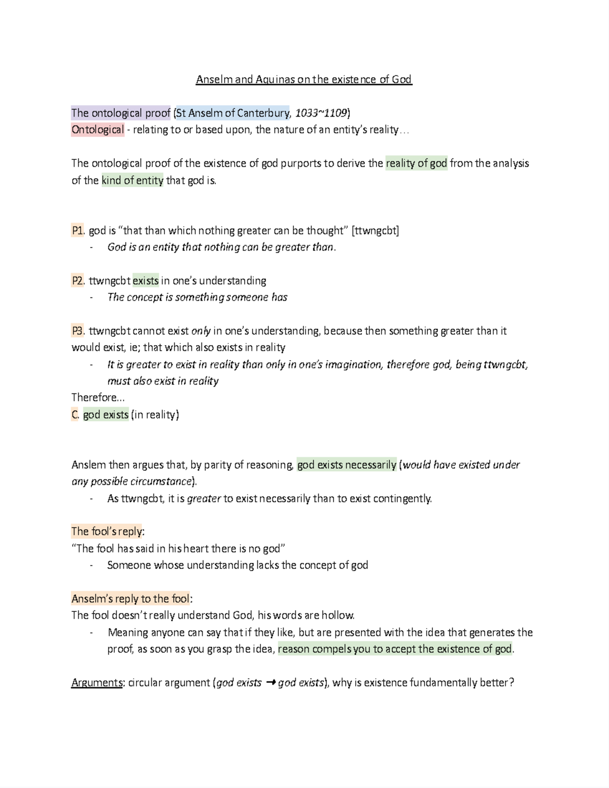 Week 2 Anselm and Aquinas on the existence of God - Anselm and Aquinas ...