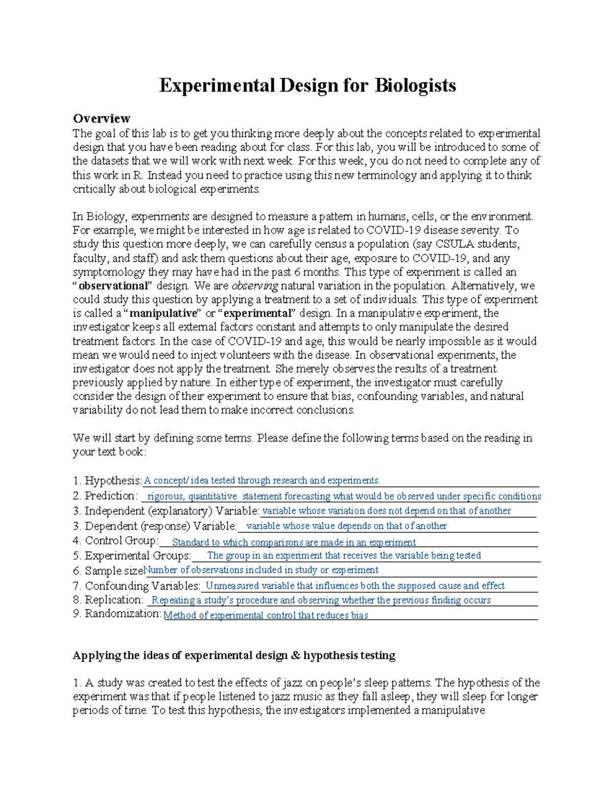 Lab 2 - Experimental Design for Biologists Overview The goal of this ...