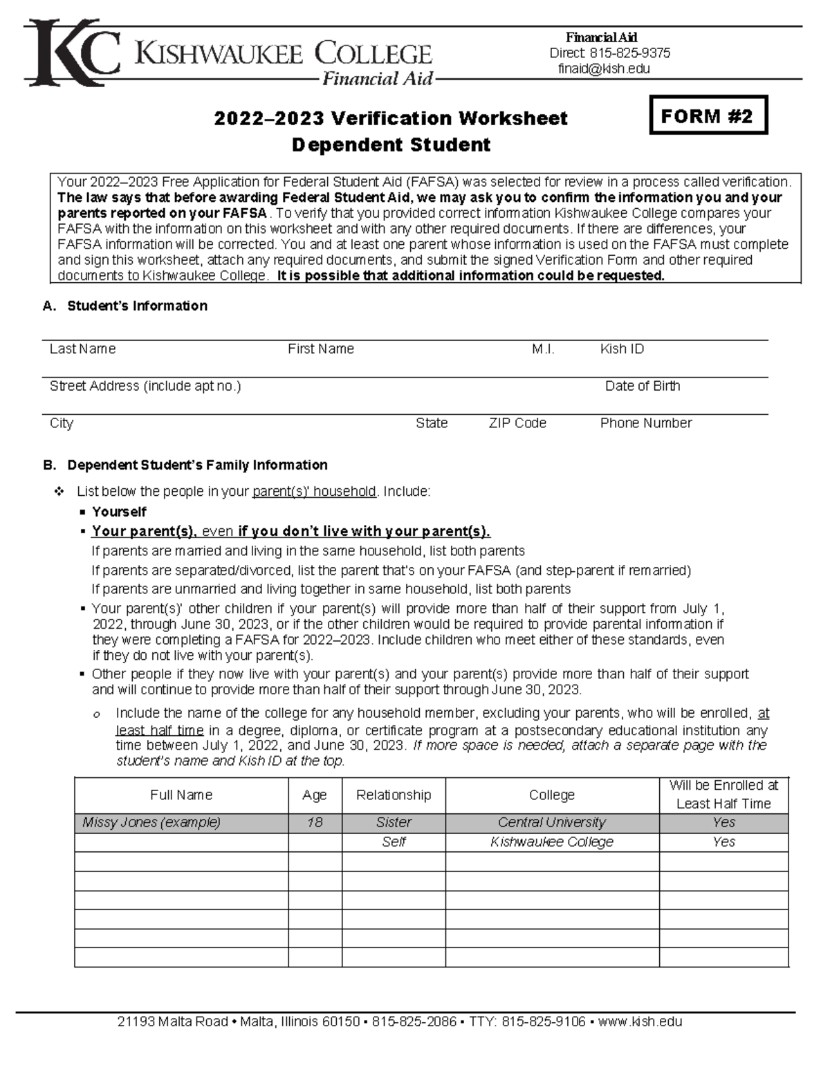 2223 FORM 2 Ver Wrksht - Dep Fillable - Financial Aid Direct: 815-825 ...