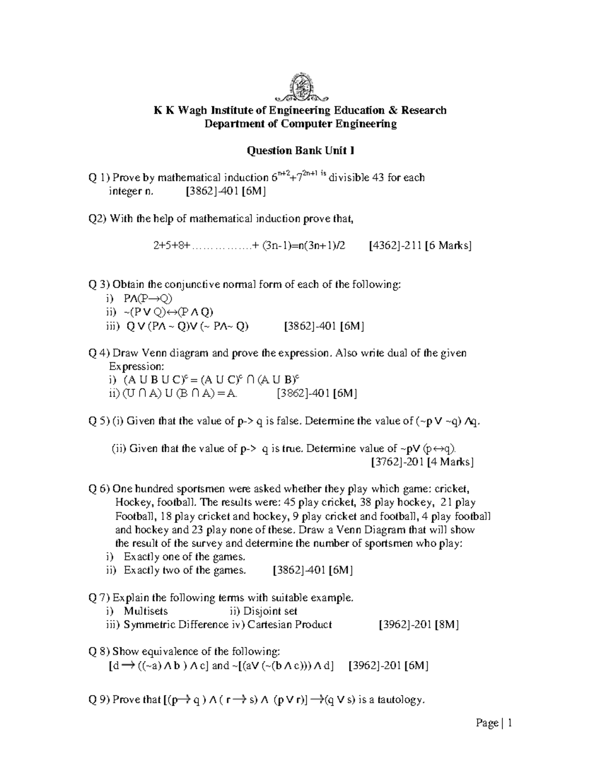 DM Question Bank 1 SE Sem-I - Page | 1 K K Wagh Institute of ...
