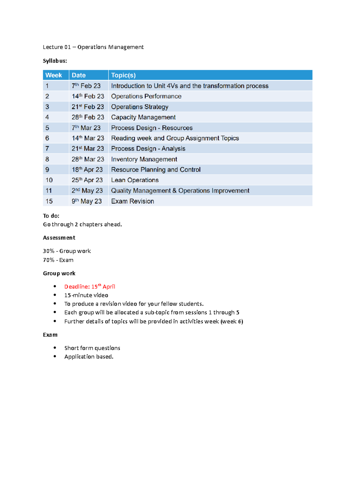 Lecture 1 Intro Lecture 01 Opera琀椀ons Management Syllabus To Do
