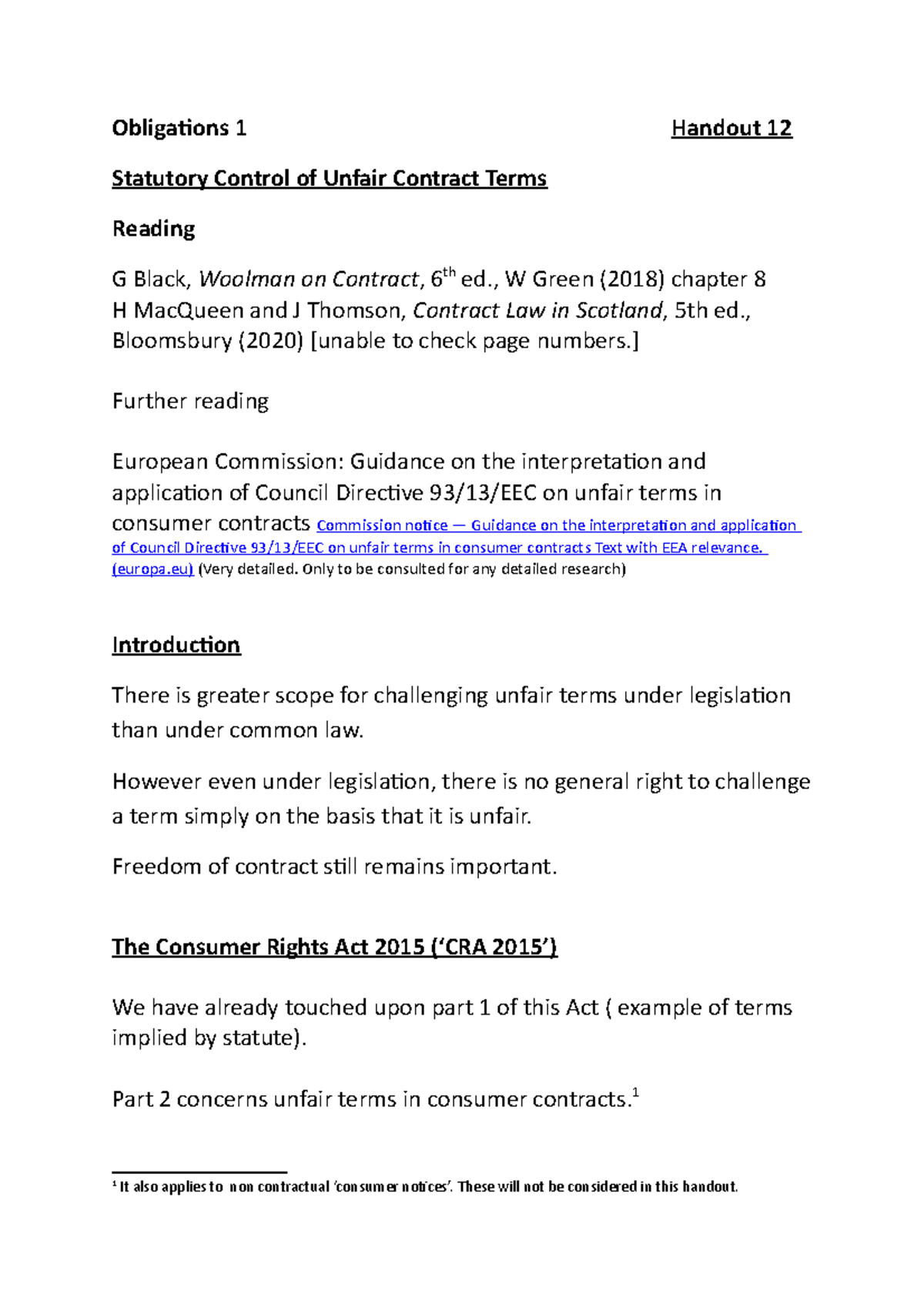 Handout 12 (statutory control of unfair terms) - Obligations 1 Handout ...