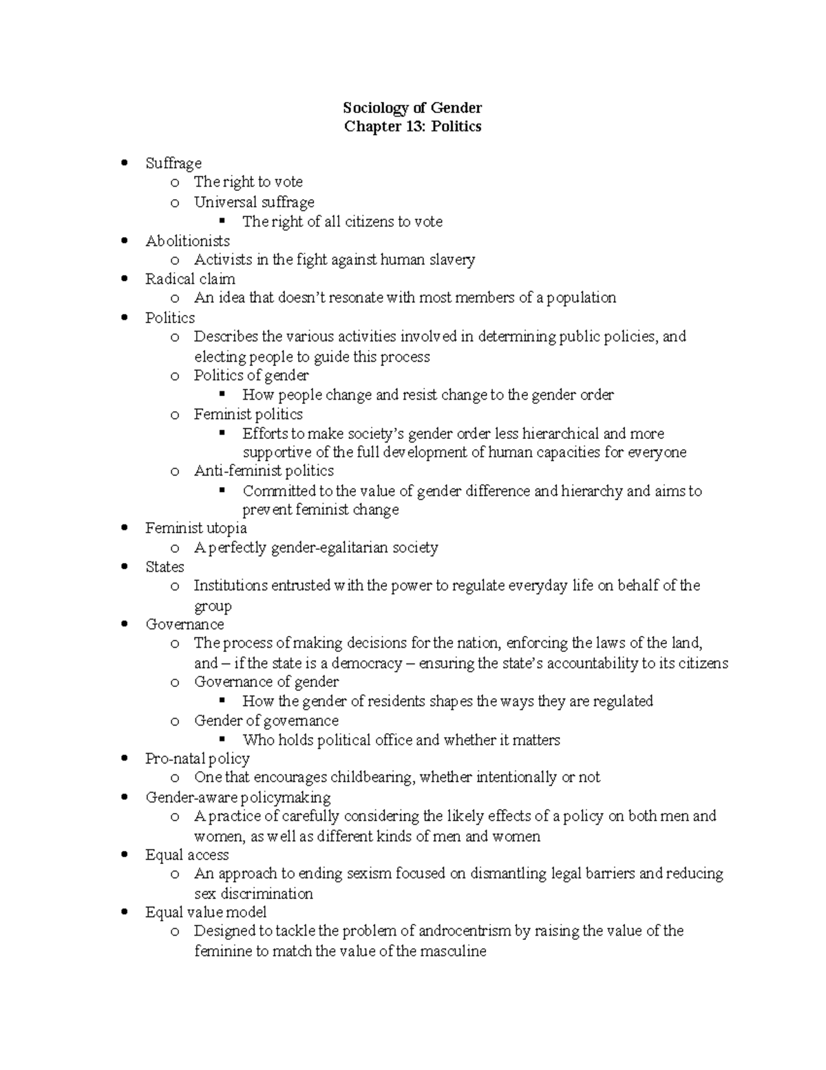 Chapter 13: Politics Notes - Sociology of Gender Chapter 13: Politics ...
