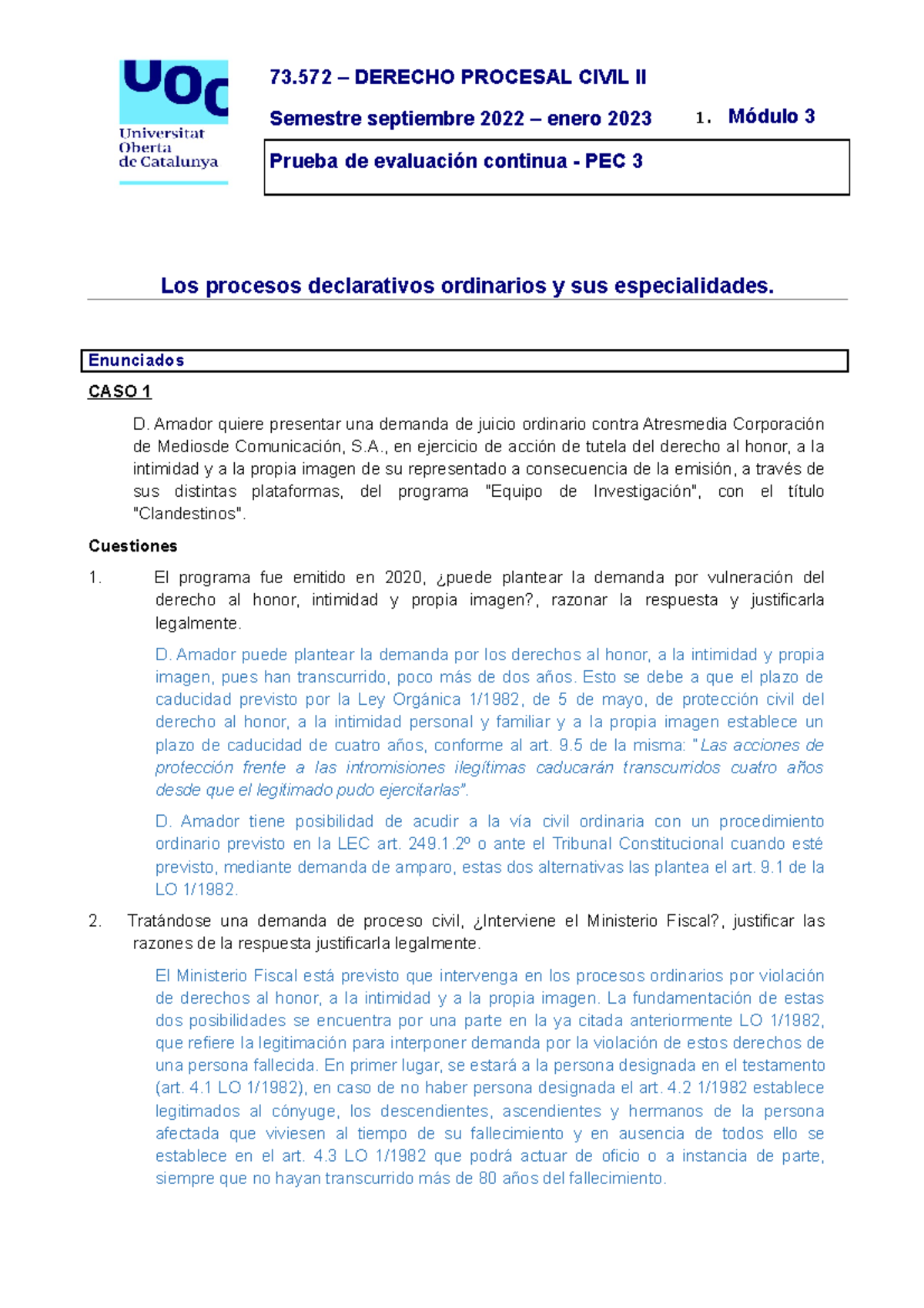 73572 PEC3Soluciones - SOLPEC3 - 73 – DERECHO PROCESAL CIVIL II Semestre septiembre 2022 – enero ...
