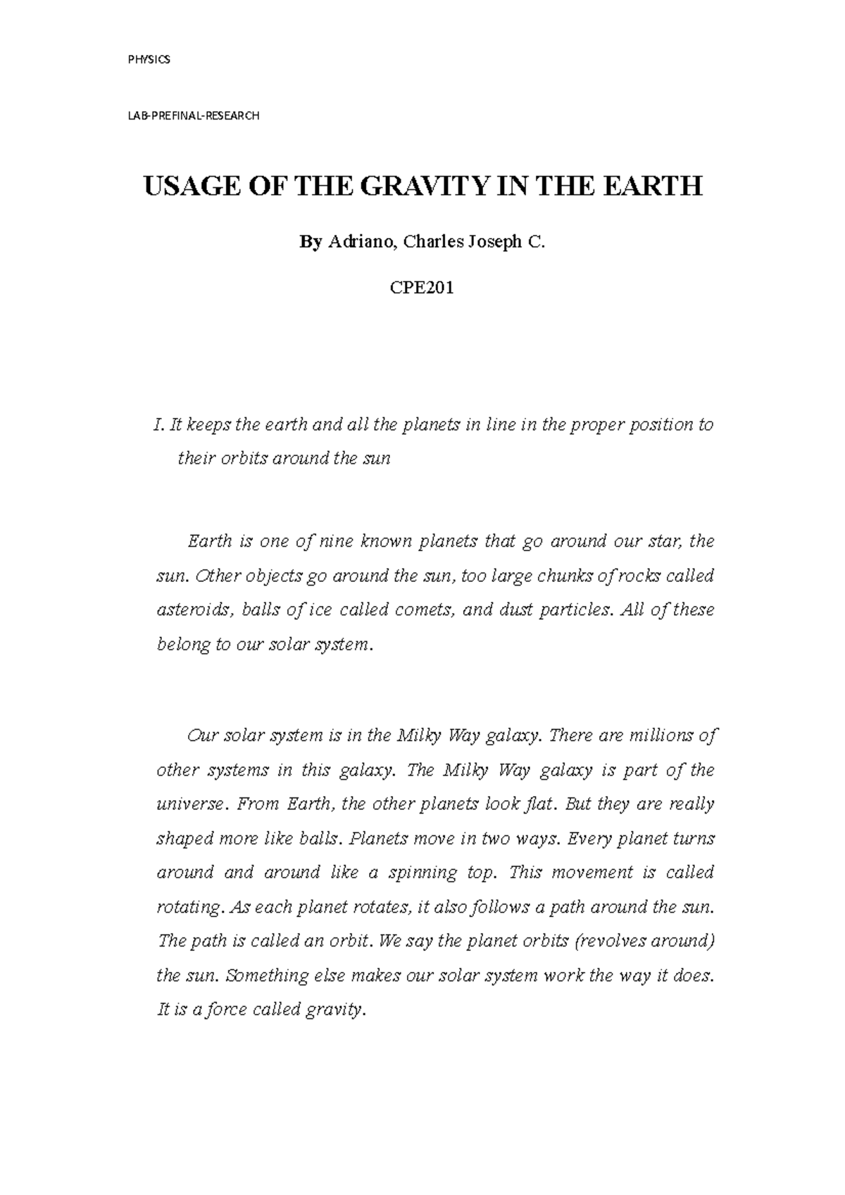 LAB Prefinal Research Physics - LAB-PREFINAL-RESEARCH USAGE OF THE GRAVITY IN THE EARTH By ...