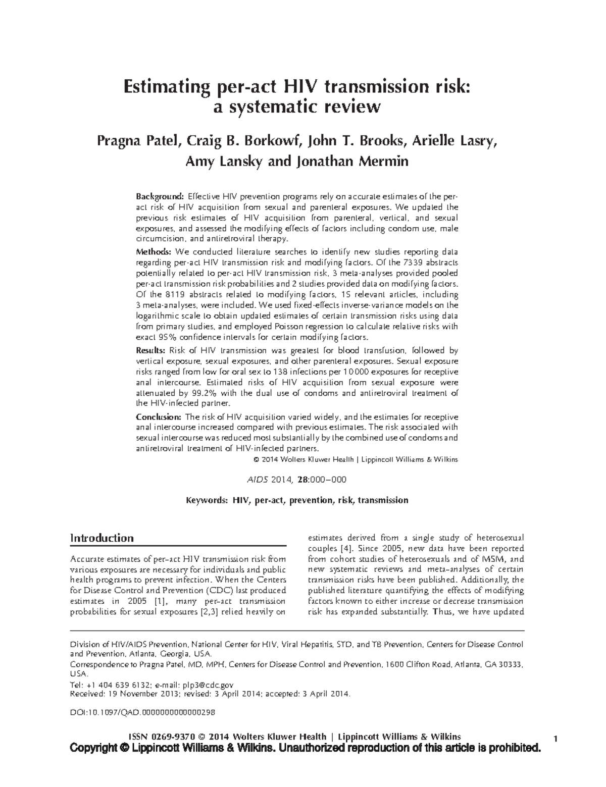 Estimating per-act HIV transmission risk a systematic review - AIDS-D ...