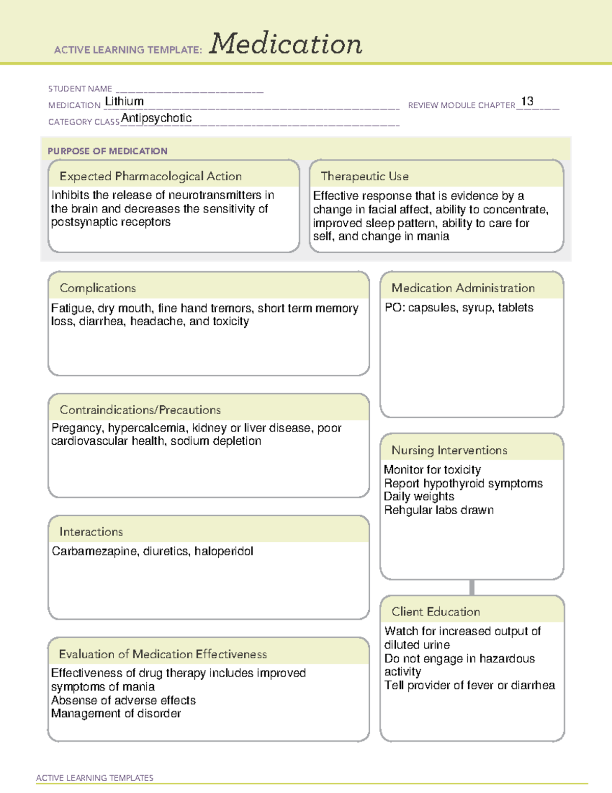 Lithium Template - ACTIVE LEARNING TEMPLATES Medication STUDENT NAME ...