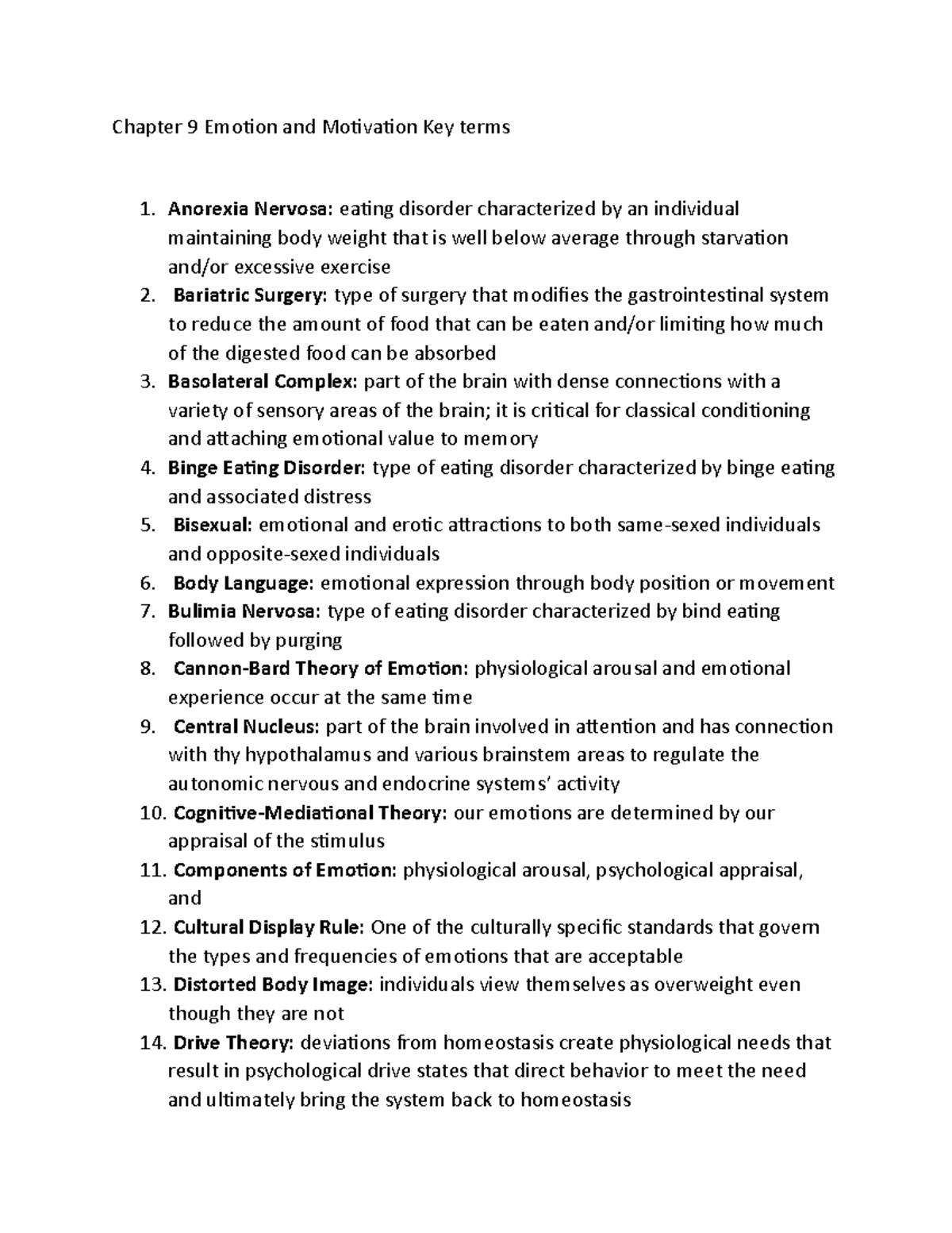 Chapter 9 Emotion and Motivation Key Terms - Studocu