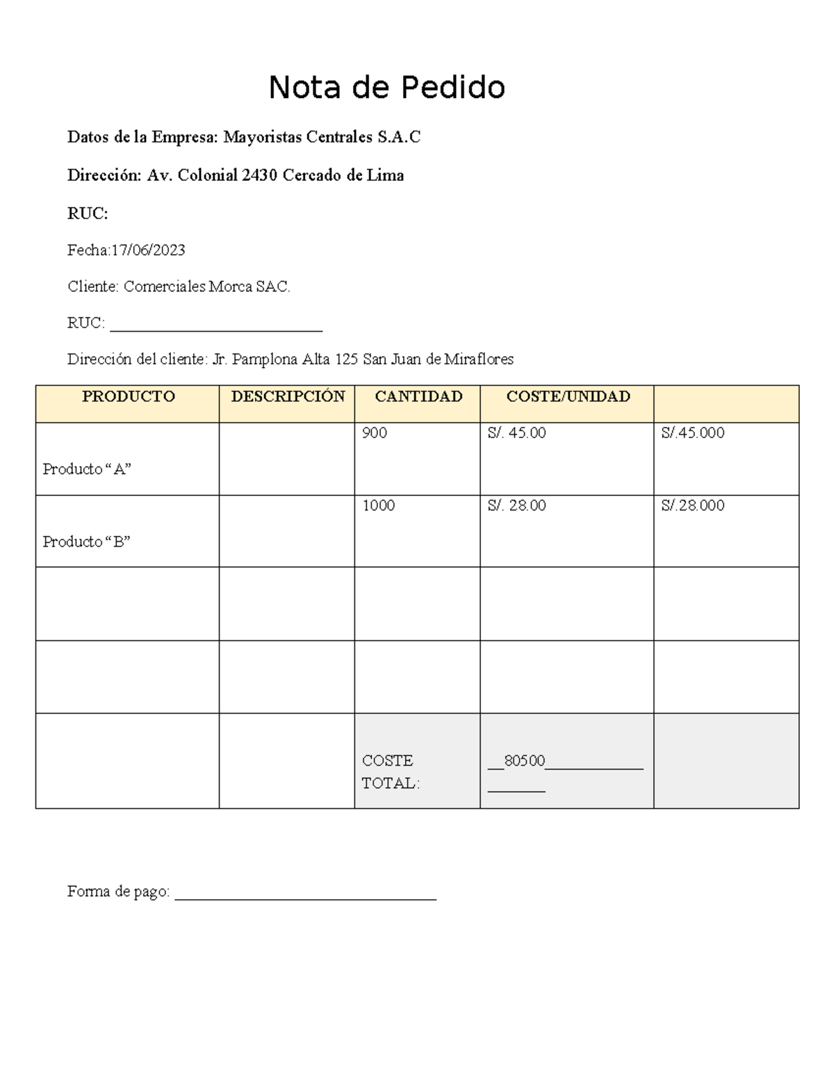Nota de pedido en Word - Nota de Pedido Datos de la Empresa: Mayoristas ...