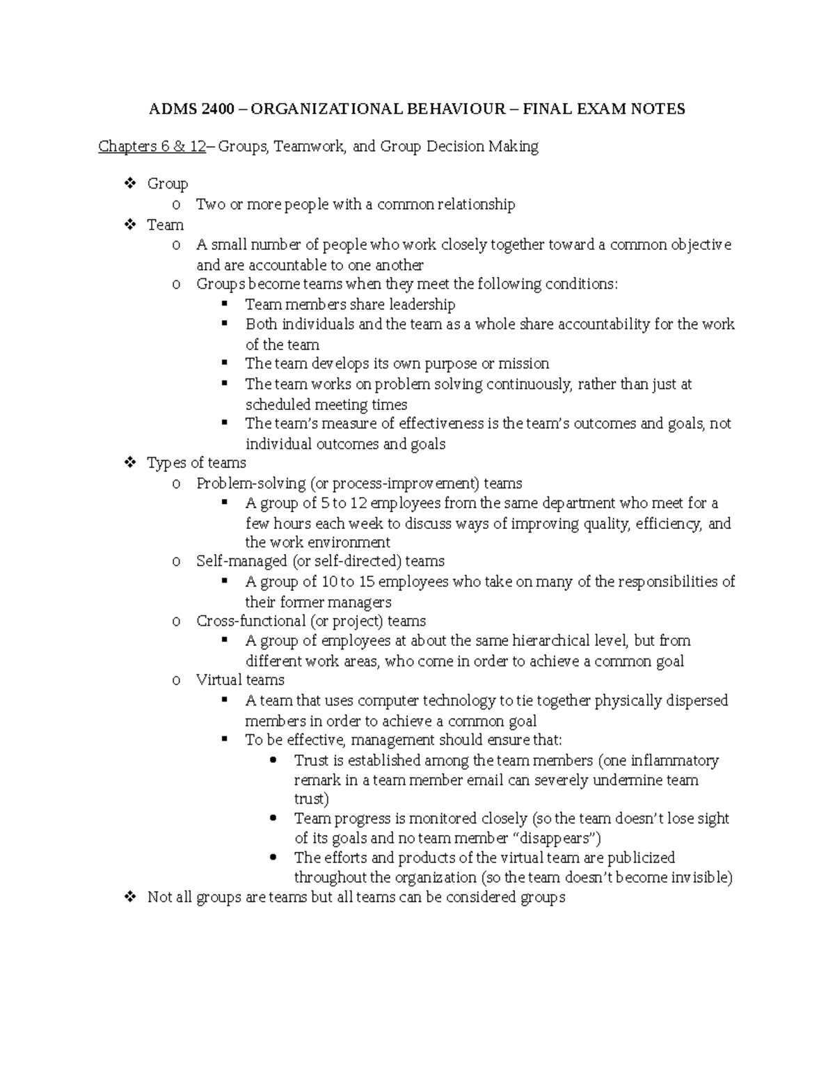 ADMS 2400 Organizational Behaviour Final EXAM Notes - ADMS 2400 ...